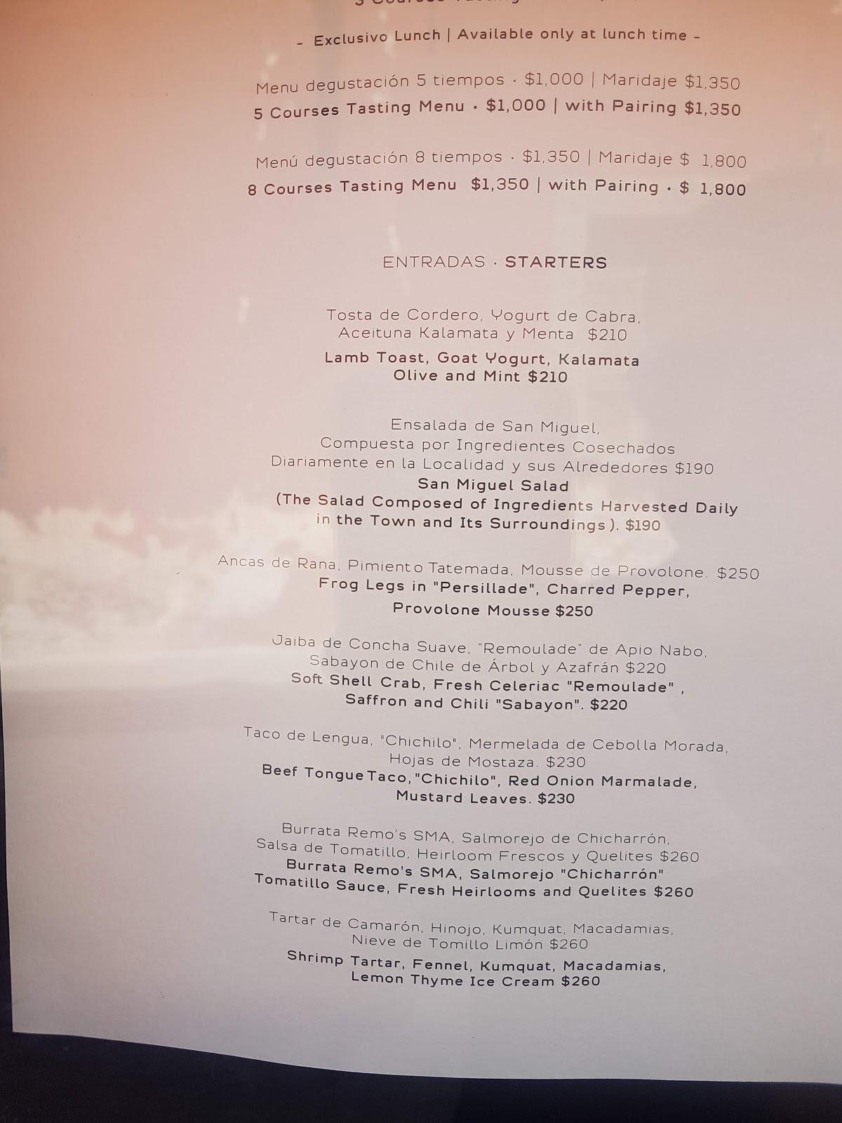 Menu at Restaurante Áperi, San Miguel de Allende, Quebrada 101