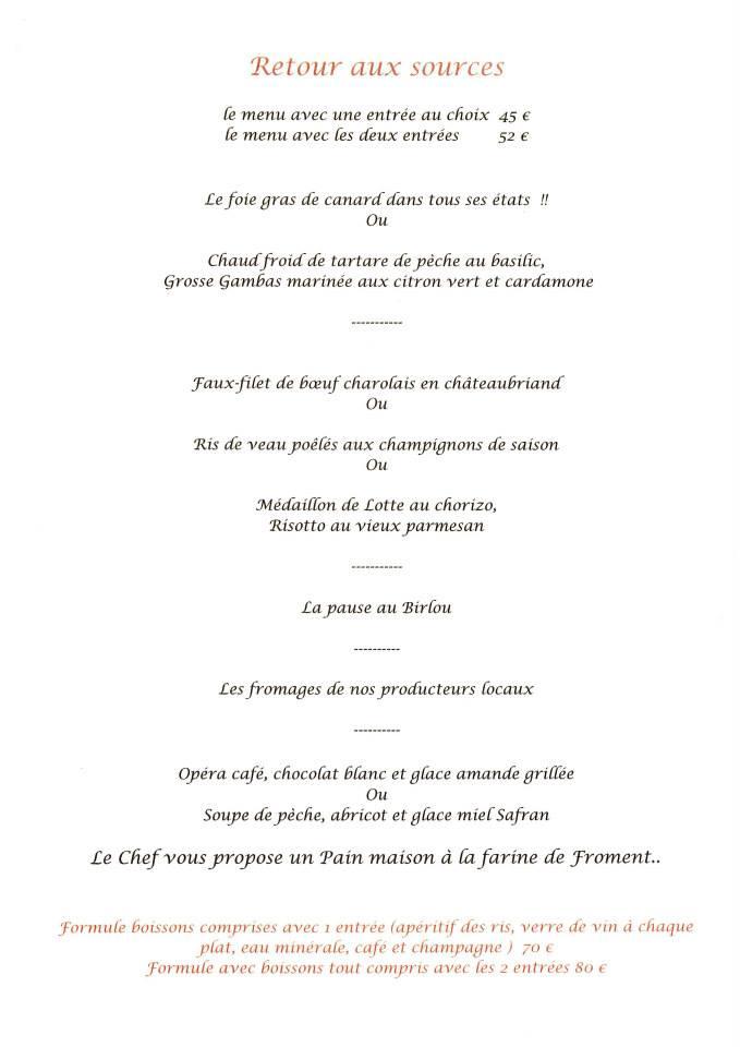 Menu au L'Auberge des Ris restaurant, Vallon-en-Sully, Lieu Dit Les Ris