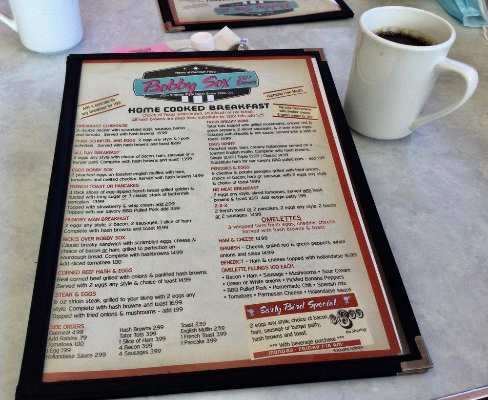 Menu at Bobby Sox 50's Diner restaurant, Maple Ridge