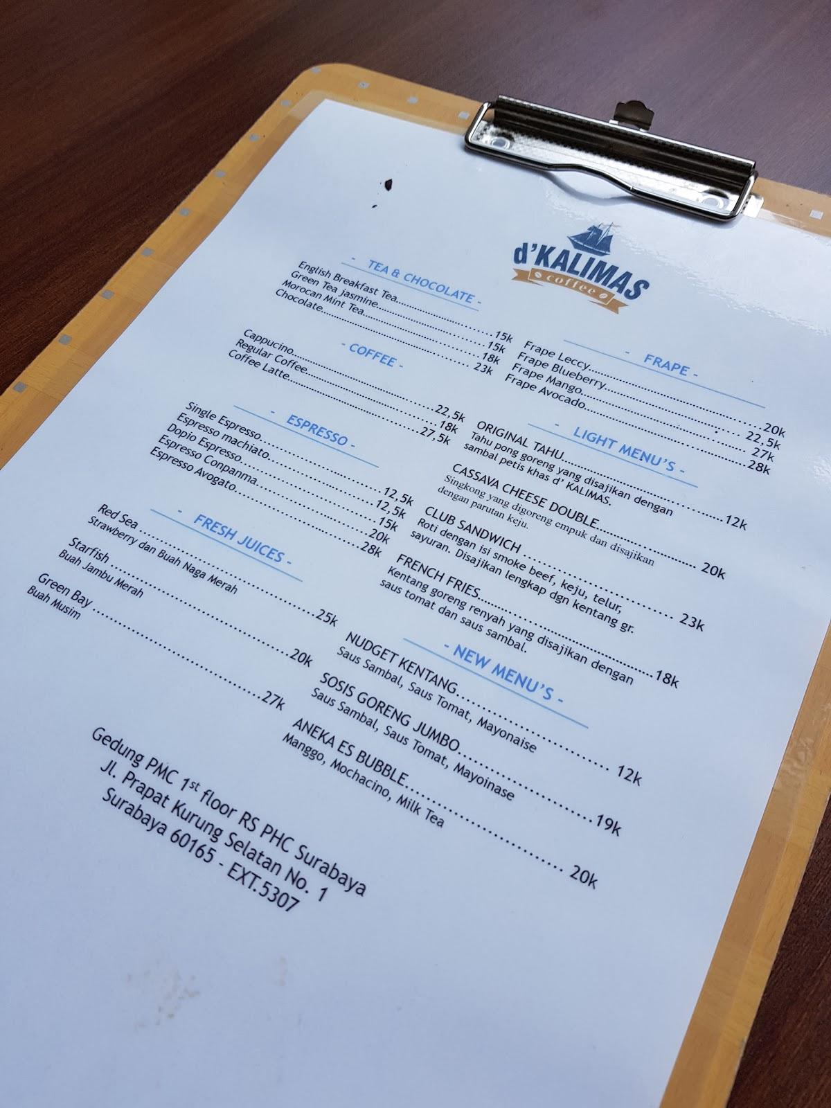 Carta del café D'Kalimas Coffe, Surabaya
