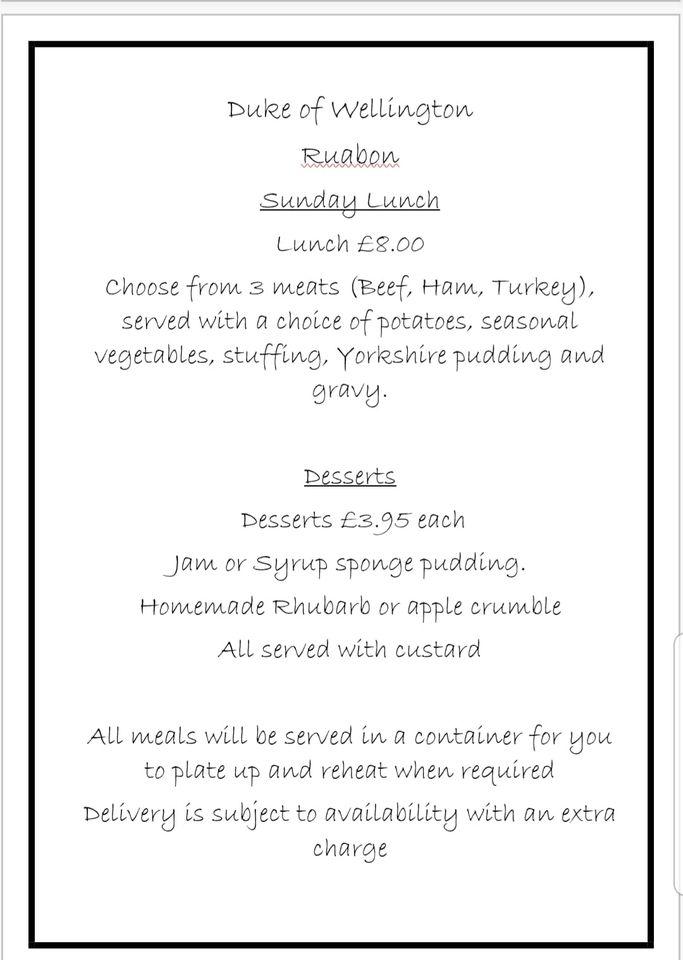 Menu at Duke Of Wellington pub & bar, Ruabon