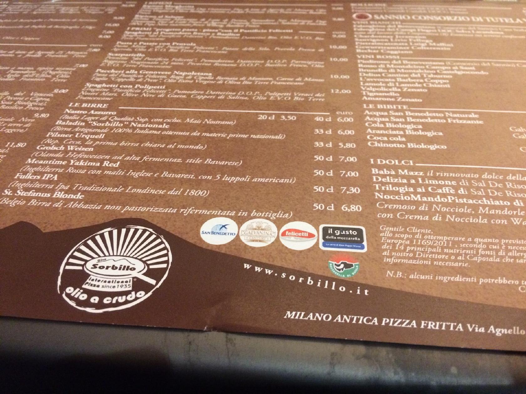 Menu at Gino Sorbillo Gourmand Montevideo pizzeria, Milan, Via Montevideo