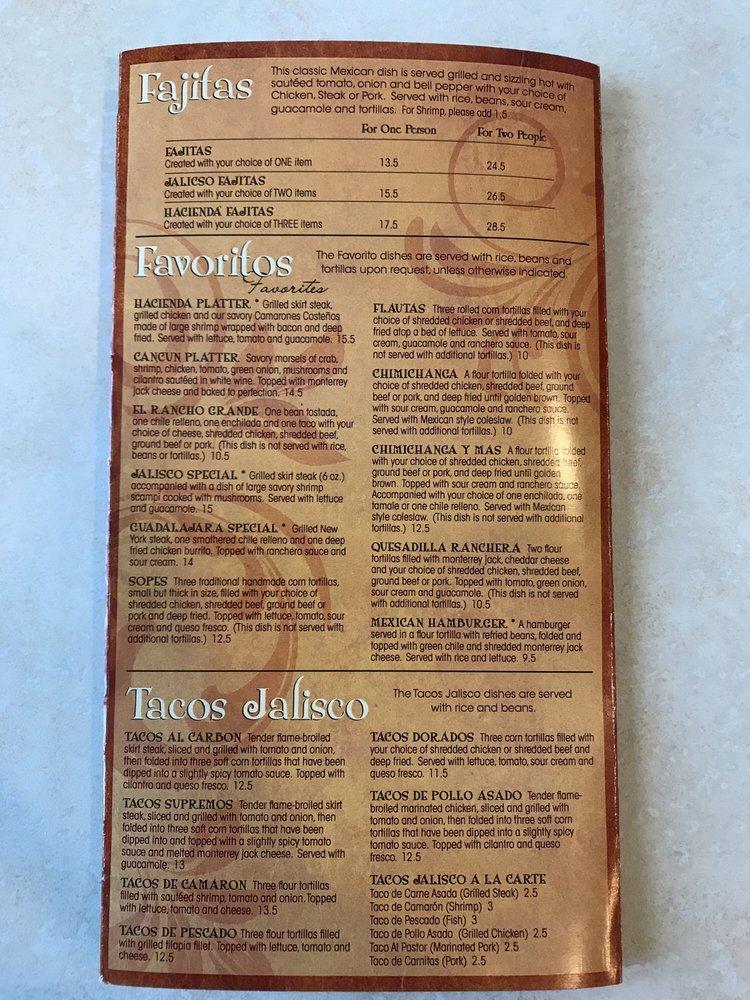 Menu at Hacienda Jalisco restaurant, Firestone, Firestone Blvd #101