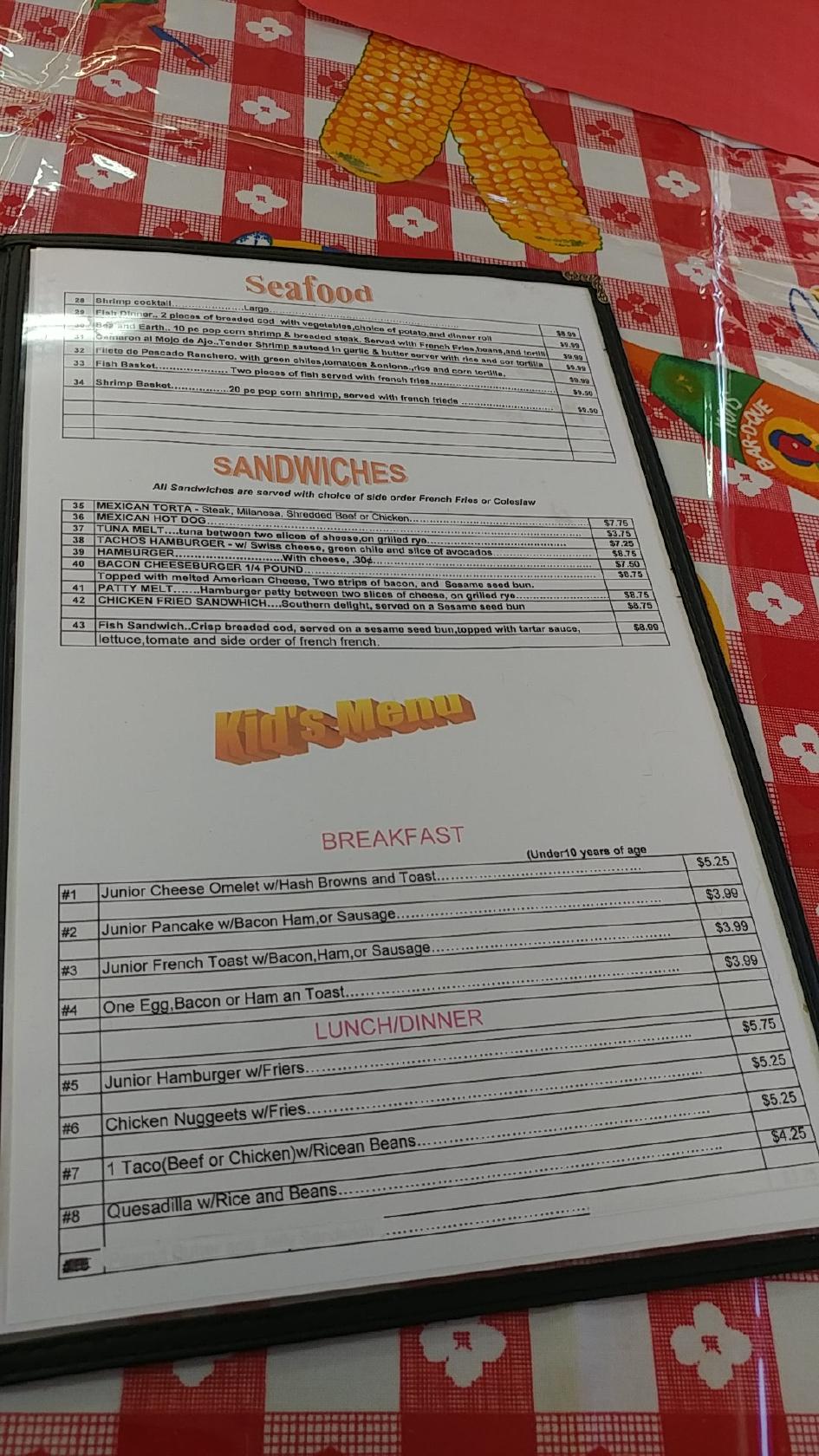 Menu at Los Tachos Restaurant, Bisbee