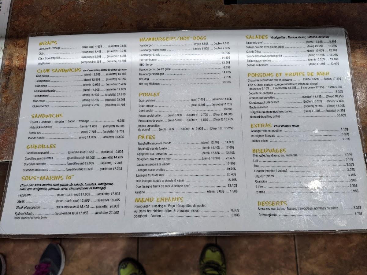 Menu au Mastro Pizzeria, Gaspé