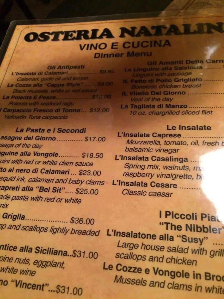Menu at Osteria Natalina restaurant, Tampa