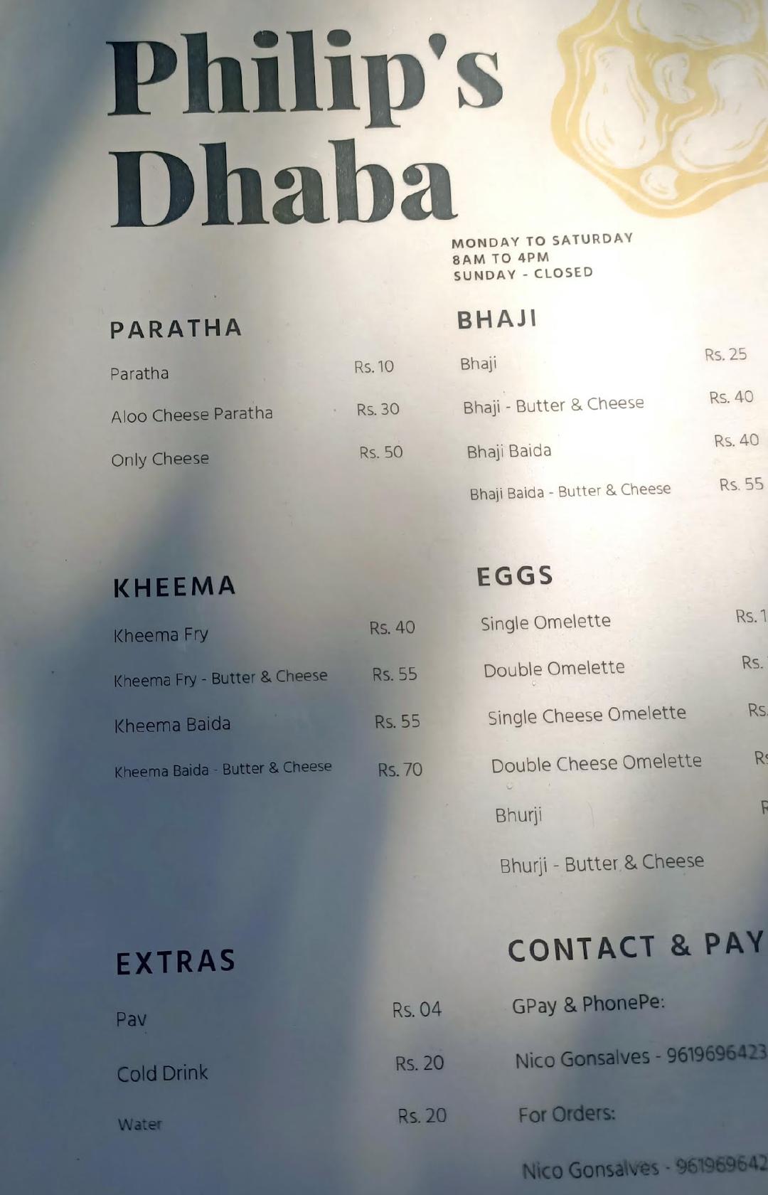 Menu at Philip Dhaba, Mumbai
