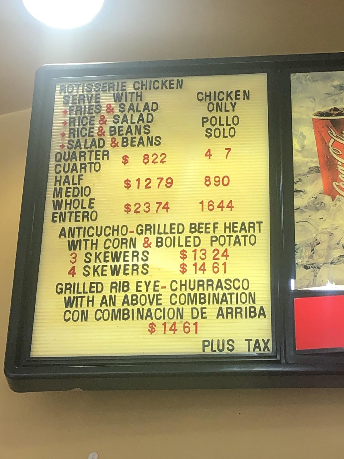 Menu at Pollo A La Brasa restaurant, Los Angeles, 764 S Western Ave