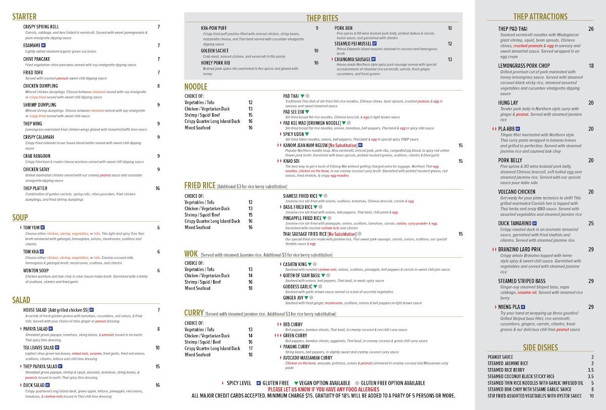 Menu at THEP Thai Restaurant, New York City