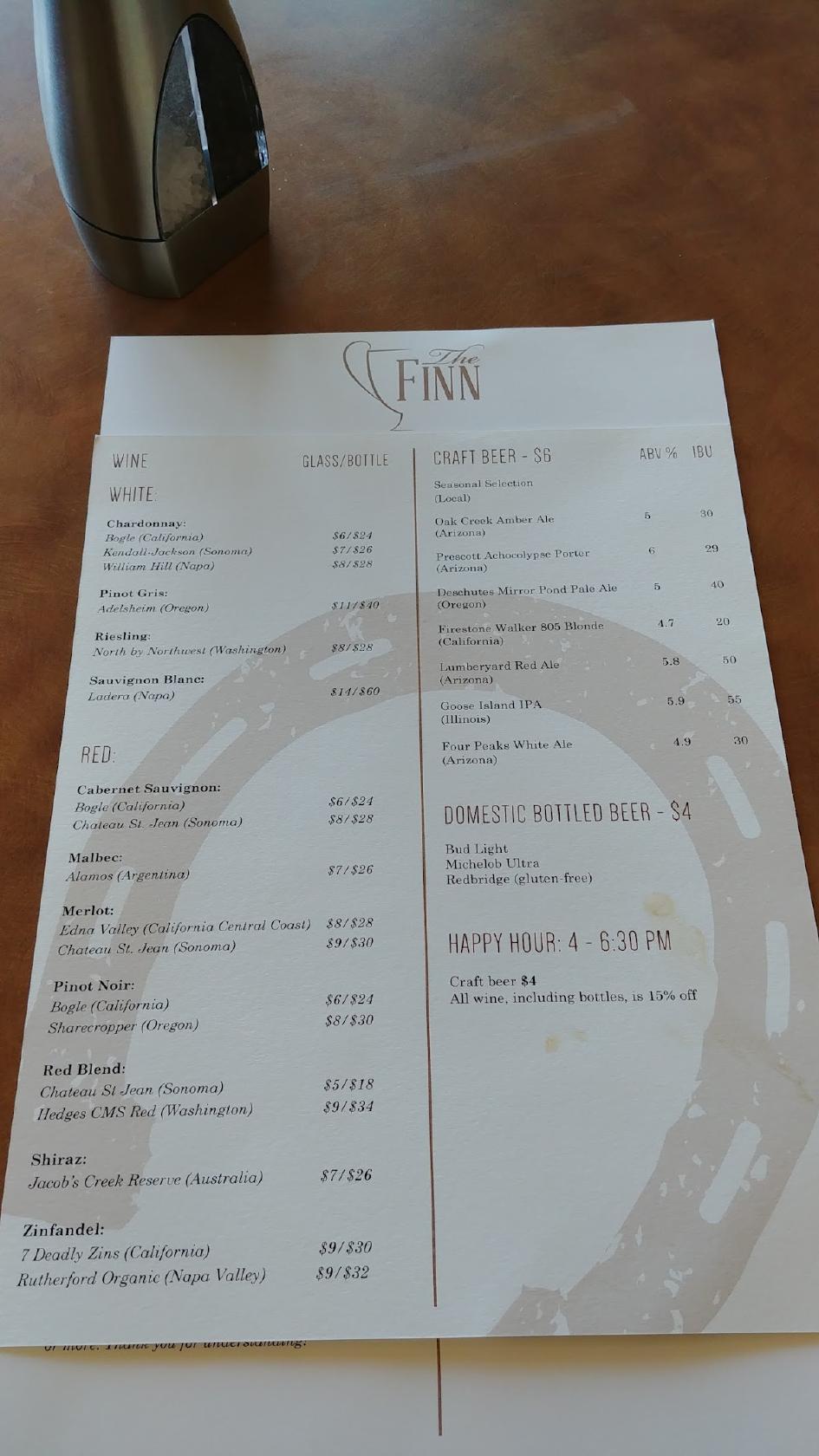 Menu at The FINN Restaurant, Prescott, Touchmark Blvd