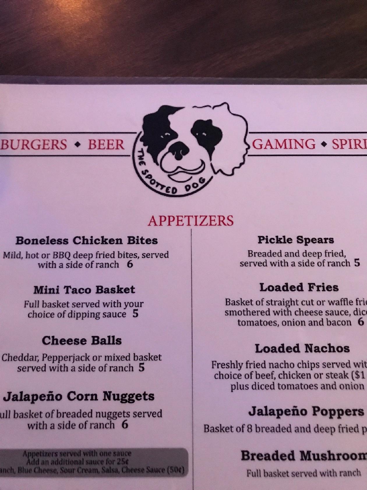 Menu at Spotteddog pub & bar, Bloomington