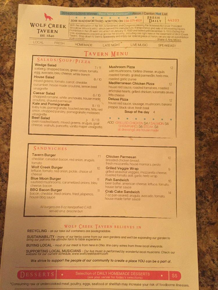 Menu at Wolf Creek Tavern restaurant, Norton