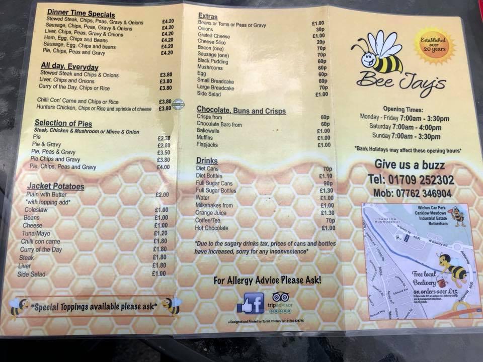 Menu at Bee Jay's Cafe, Rotherham