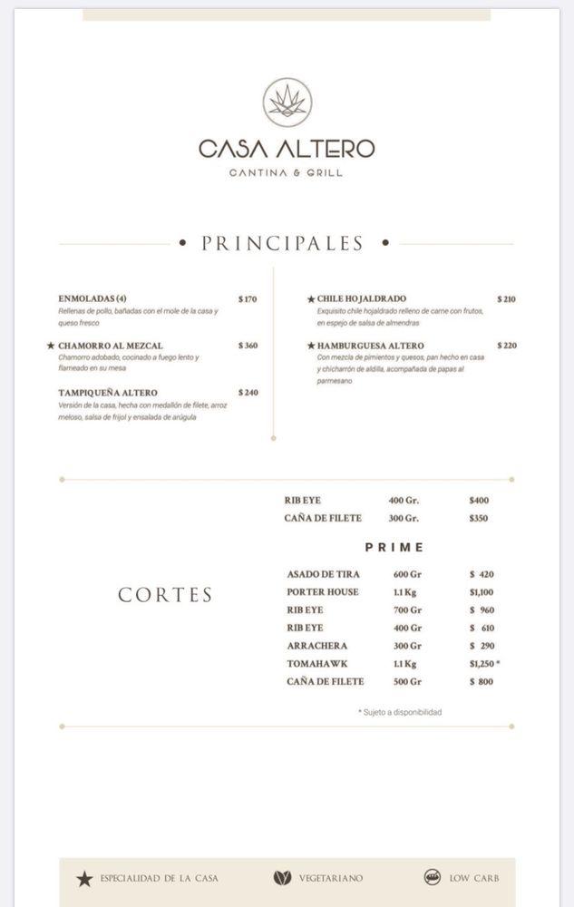 Carta del restaurante Casa Altero, San Luis Potosi