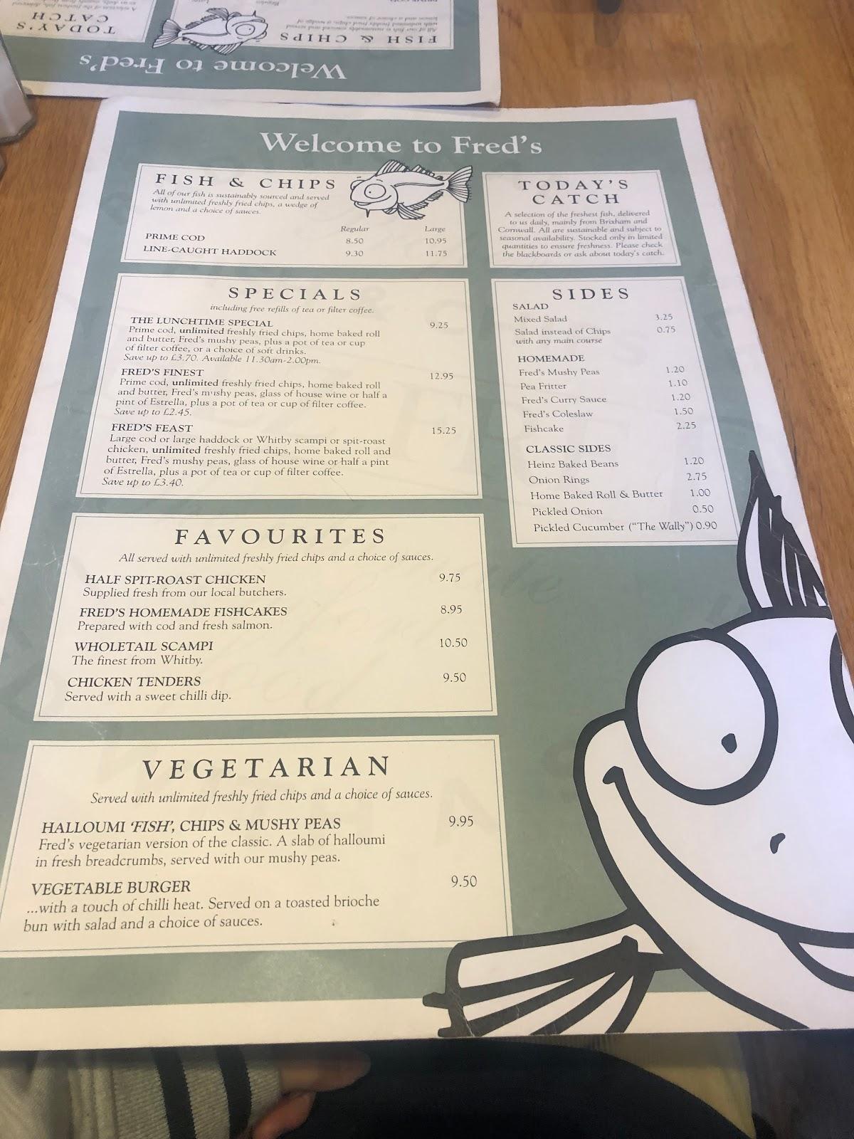 Menu at Chez Fred restaurant, Bournemouth