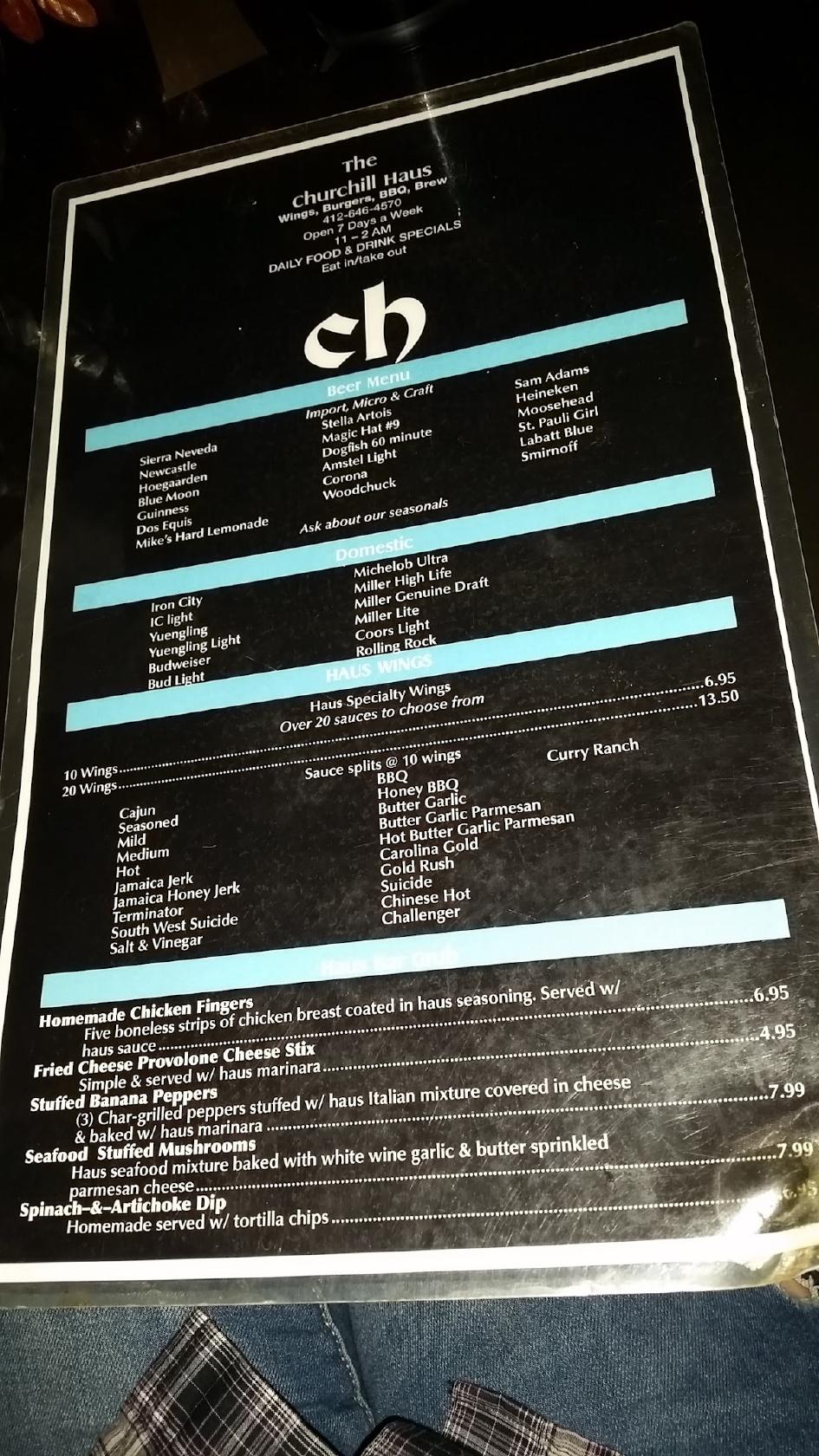 Menu at Churchill Haus pub & bar, Turtle Creek