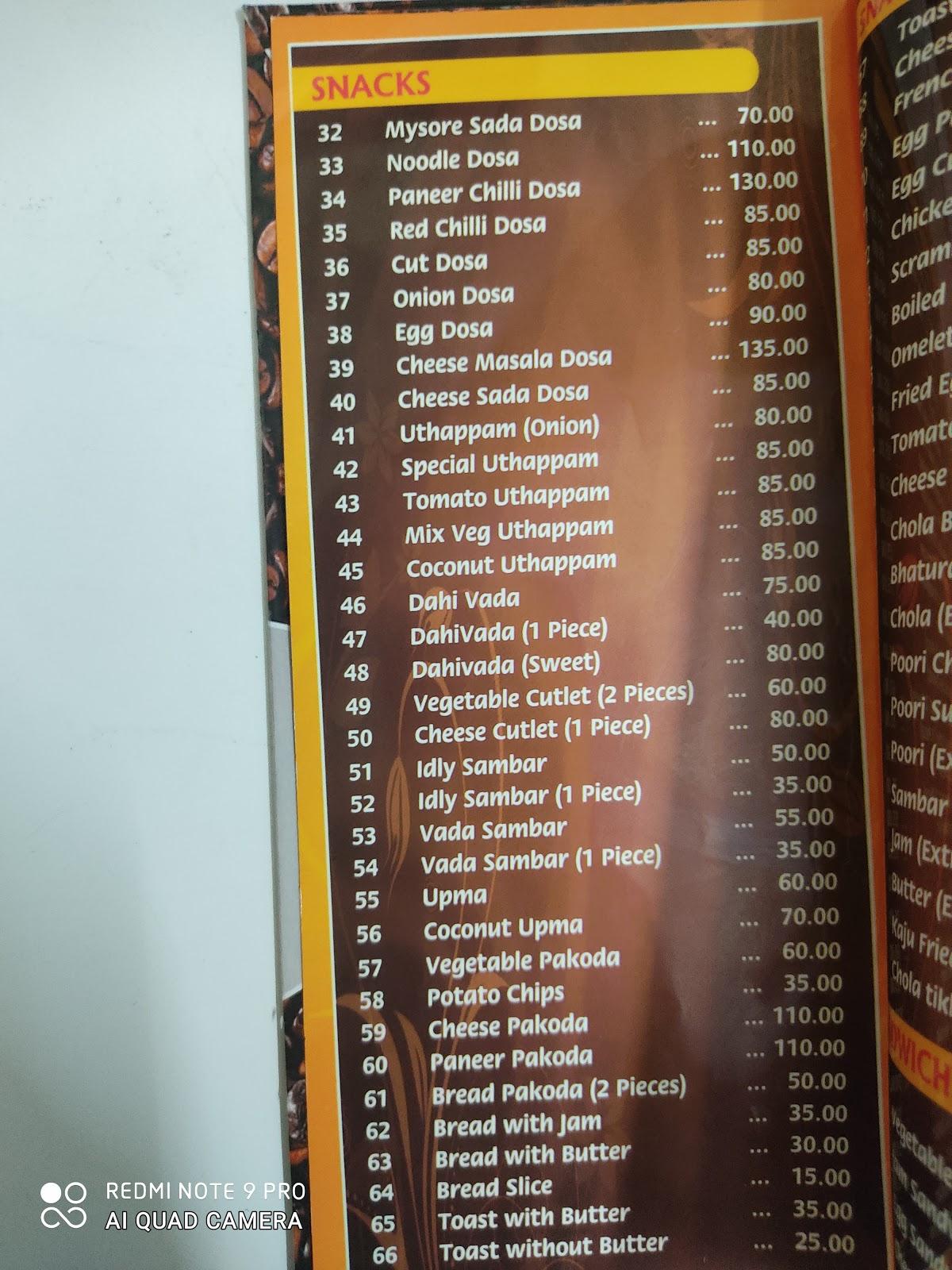 Menu at Indian Coffee House, Seoni