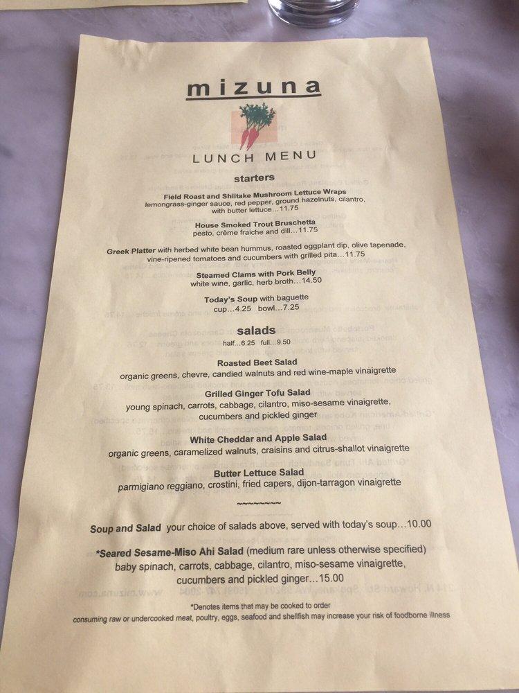 Menu at Mizuna Restaurant and Wine Bar, Spokane