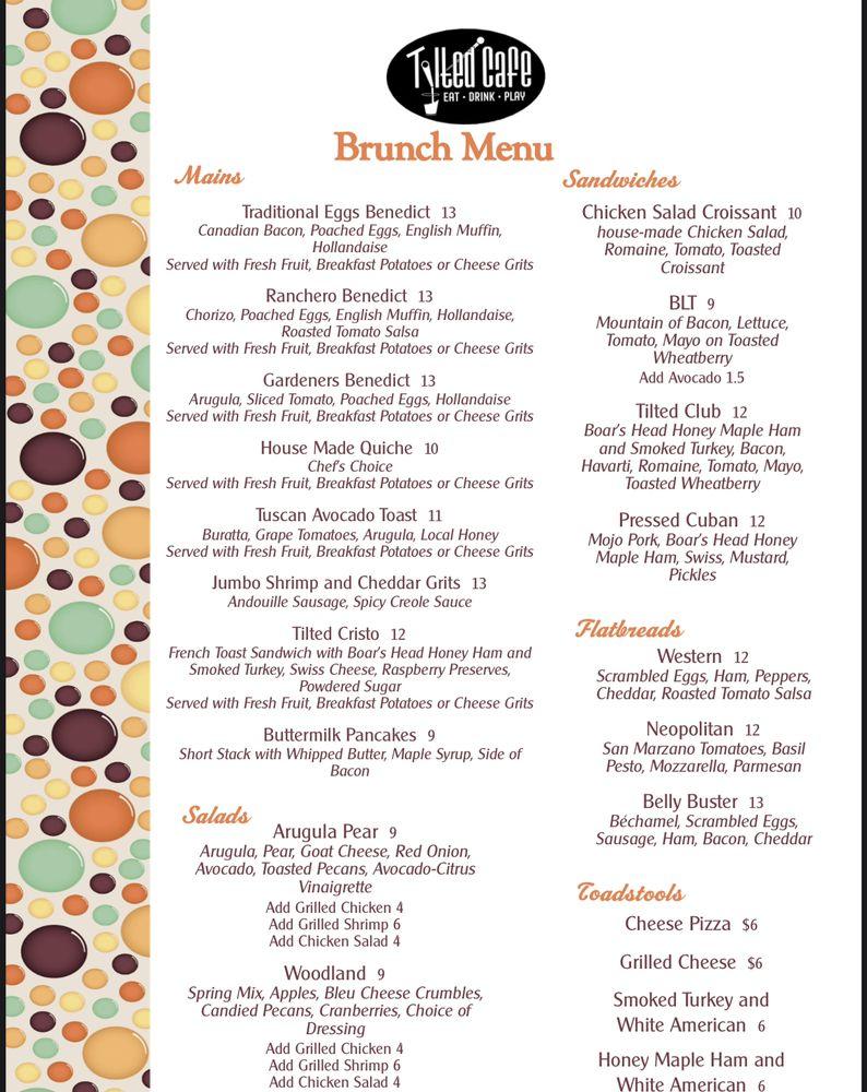 Menu at Tilted Cafe, Hiawassee