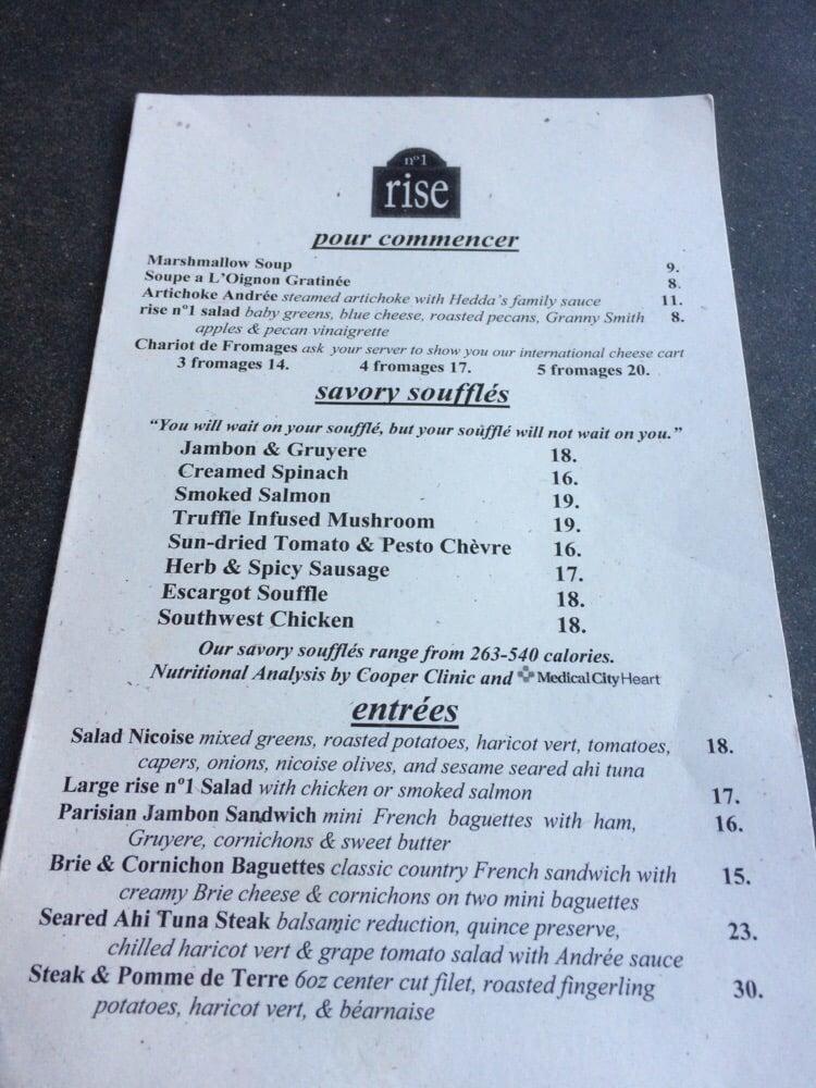 Menu at rise soufflé - Dallas pub & bar, Dallas