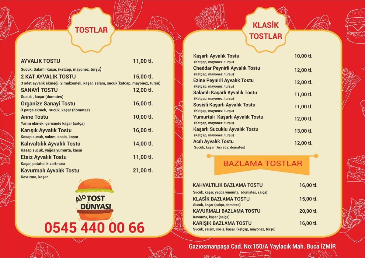 Menu at Alo Tost Dünyası Kumrucu Levo, Izmir
