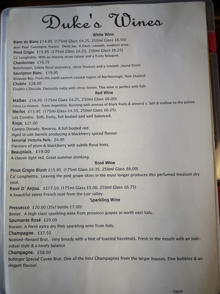 Menu at The Dukes Bistro restaurant, Clacton-on-Sea