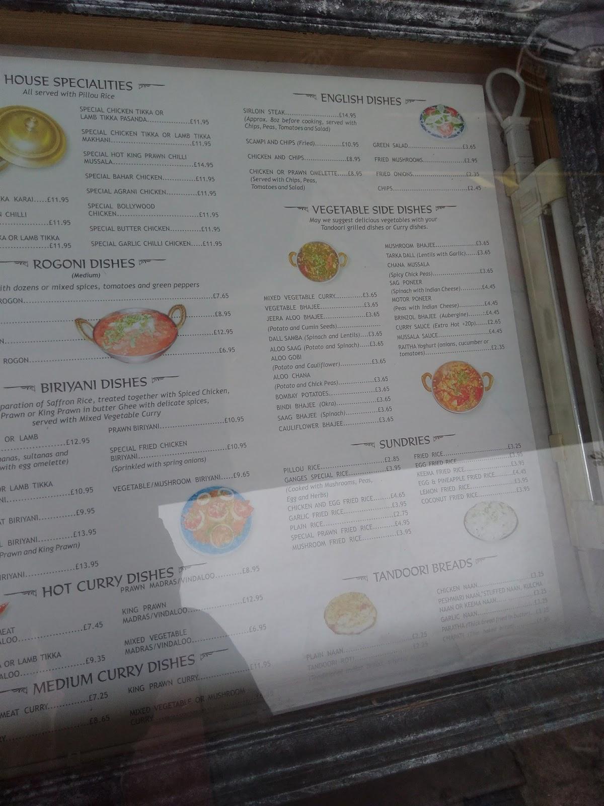 Menu at Ganges restaurant, Paignton