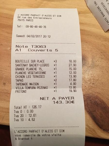 Menu au L'Accord Parfait d'Aless & Dim pub et bar, Paris