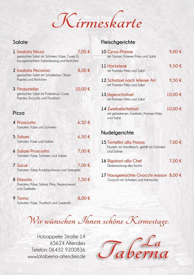 Menu at La Taberna restaurant, Altendiez