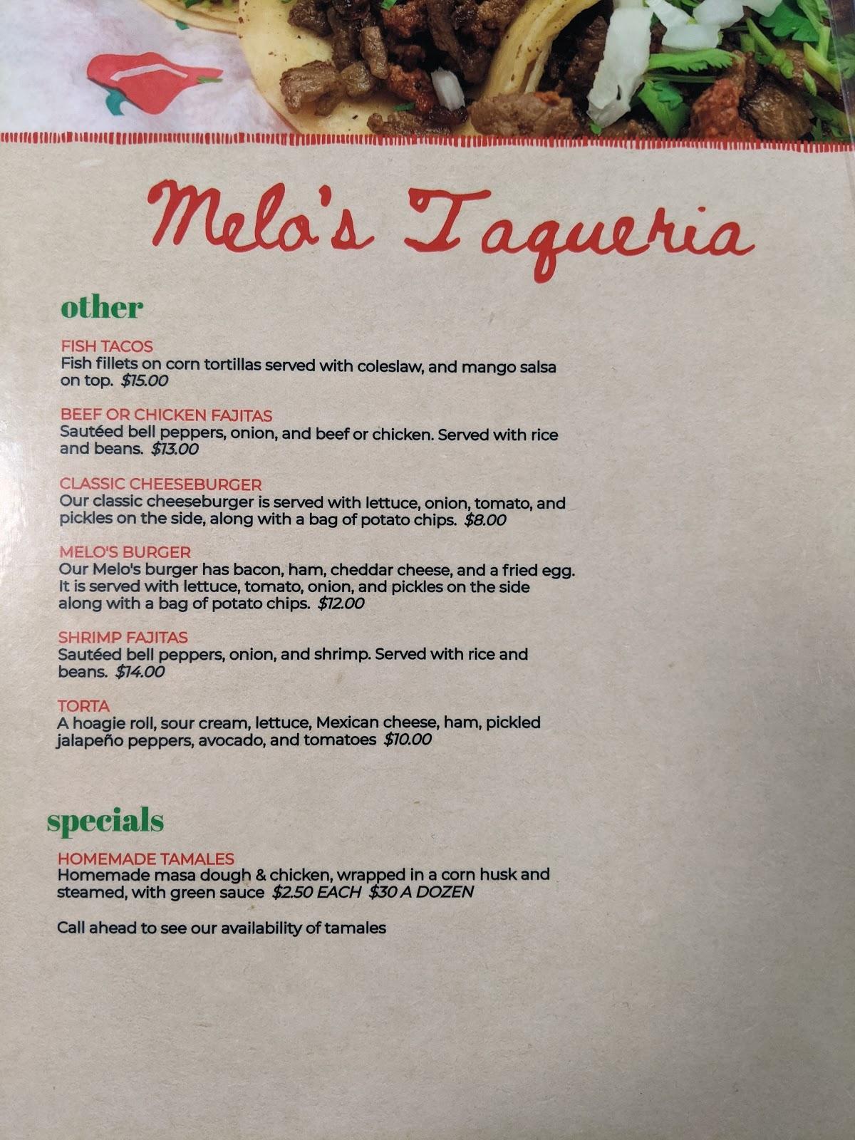 Menu at Melo's Taqueria restaurant, Lincoln City