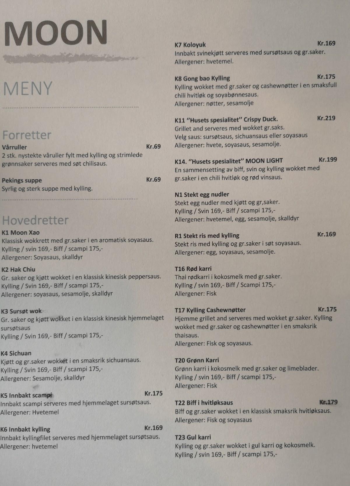 Menu at Moon restaurant, Orkanger