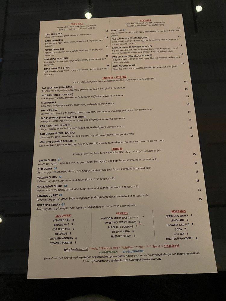 Menu at RHAAN Thaicuisine restaurant, Arlington