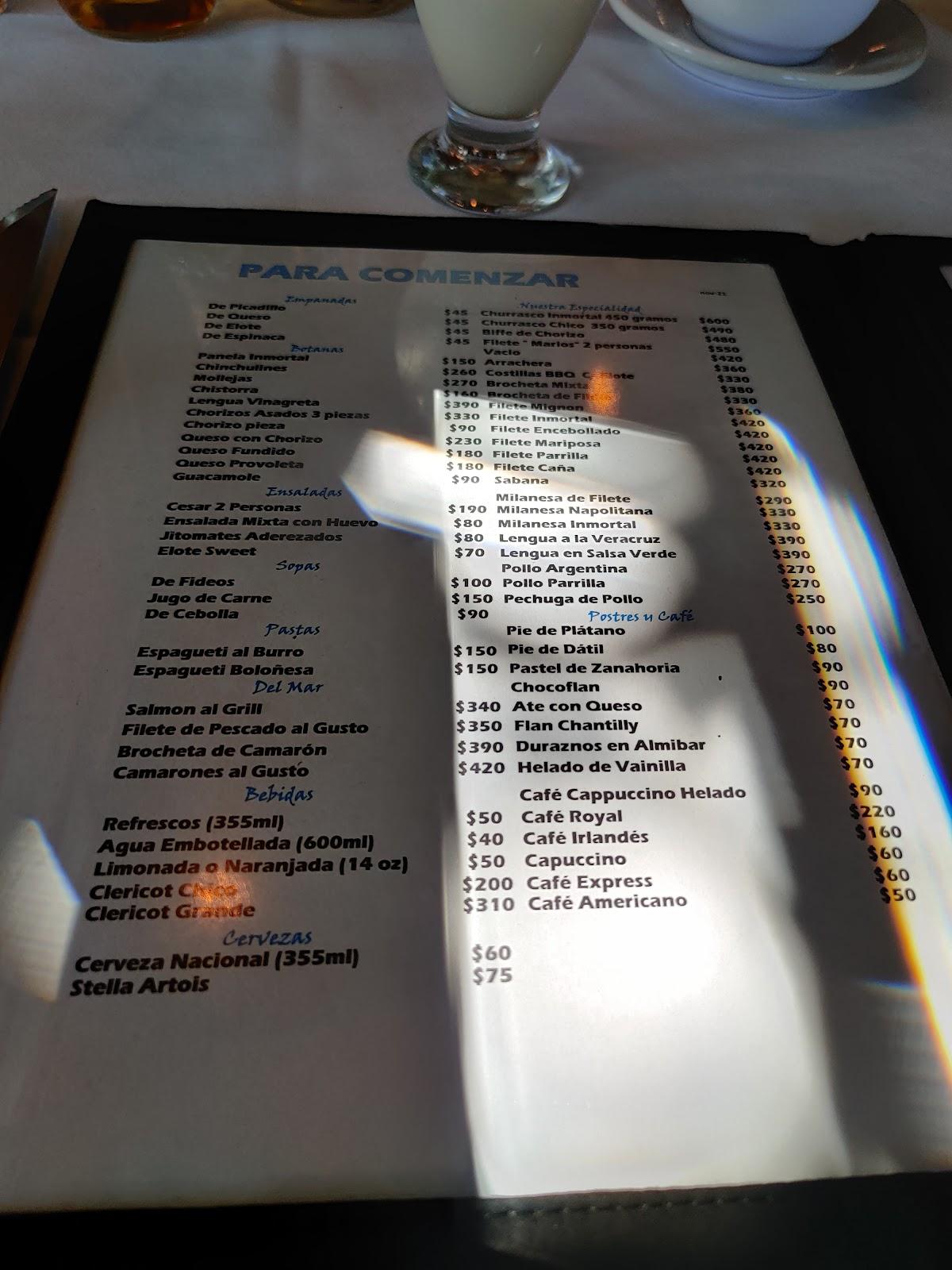 Carta de Los Inmortales Restaurant Bar, Zapopan