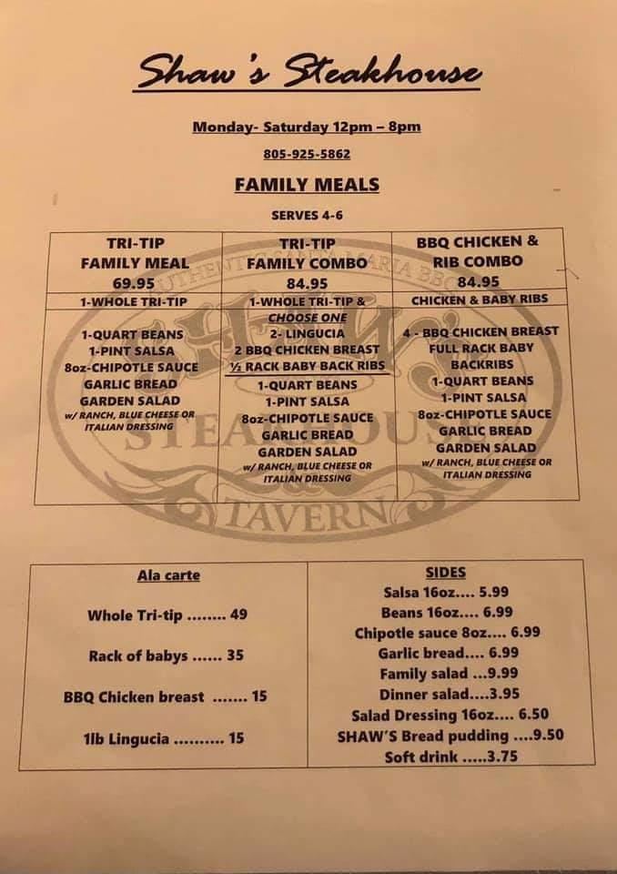 Menu at Shaw's Steakhouse, Santa Maria