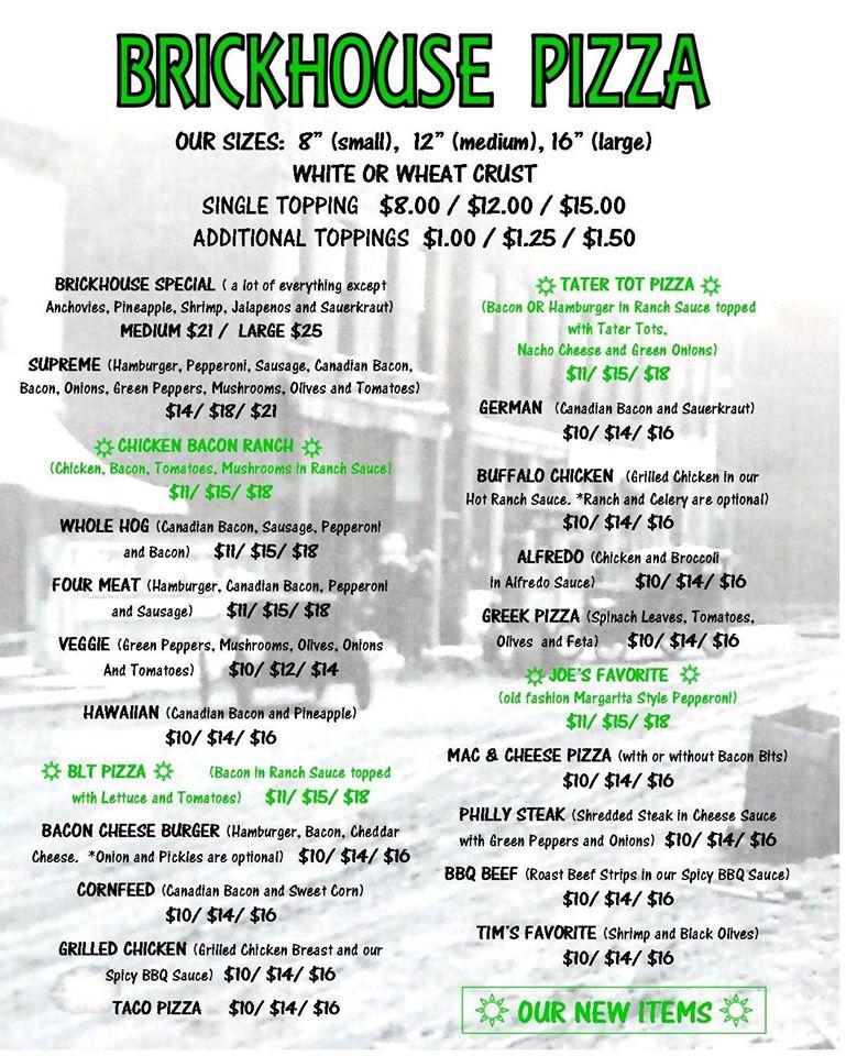 Menu at Brickhouse Pizza restaurant, Alden