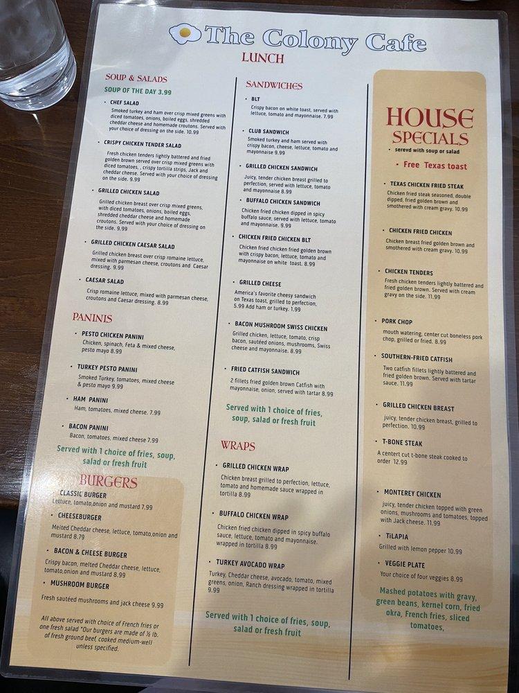 Menu at The Colony Cafe, The Colony, S Colony Blvd Ste.120