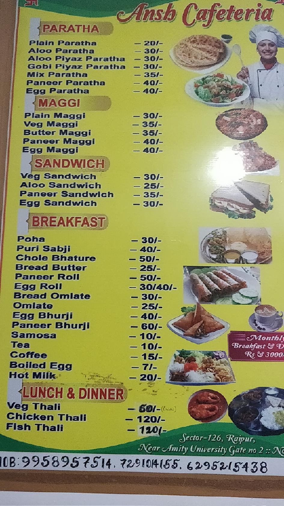Menu at Ansh Cafeteria, Noida