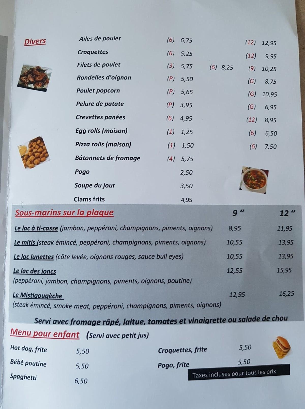 Menu au Cantine le Panache restaurant, Canada