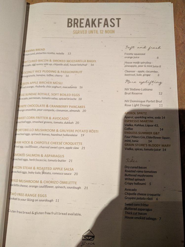 Menu at Grain Store cafe, Melbourne