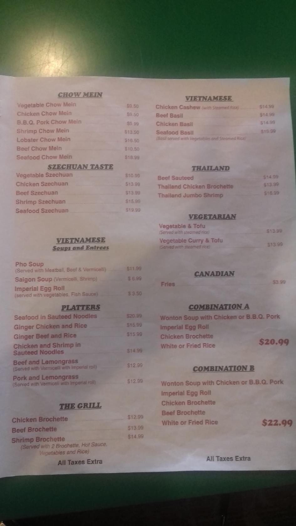 Menu at Kim Long Restaurant, Moncton