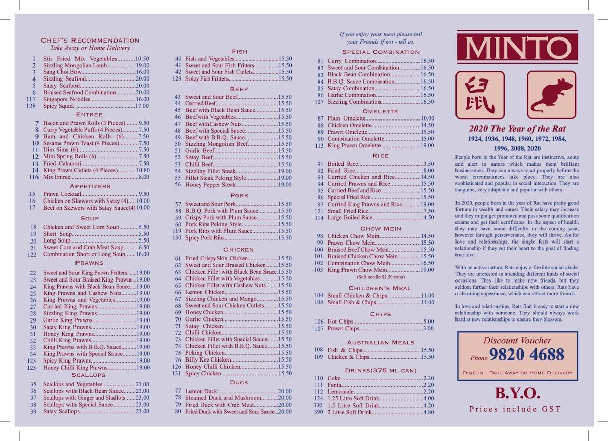 Menu at Minto Chinese Restaurant, Minto