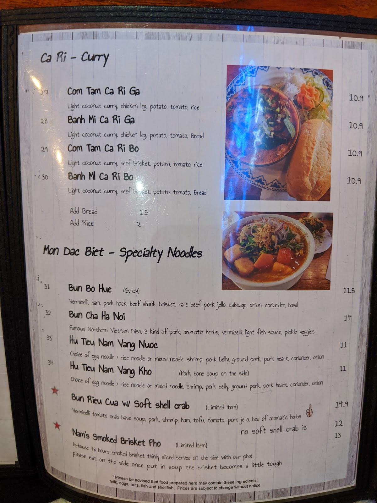 Menu at Nam Richmondhill restaurant, Richmond Hill