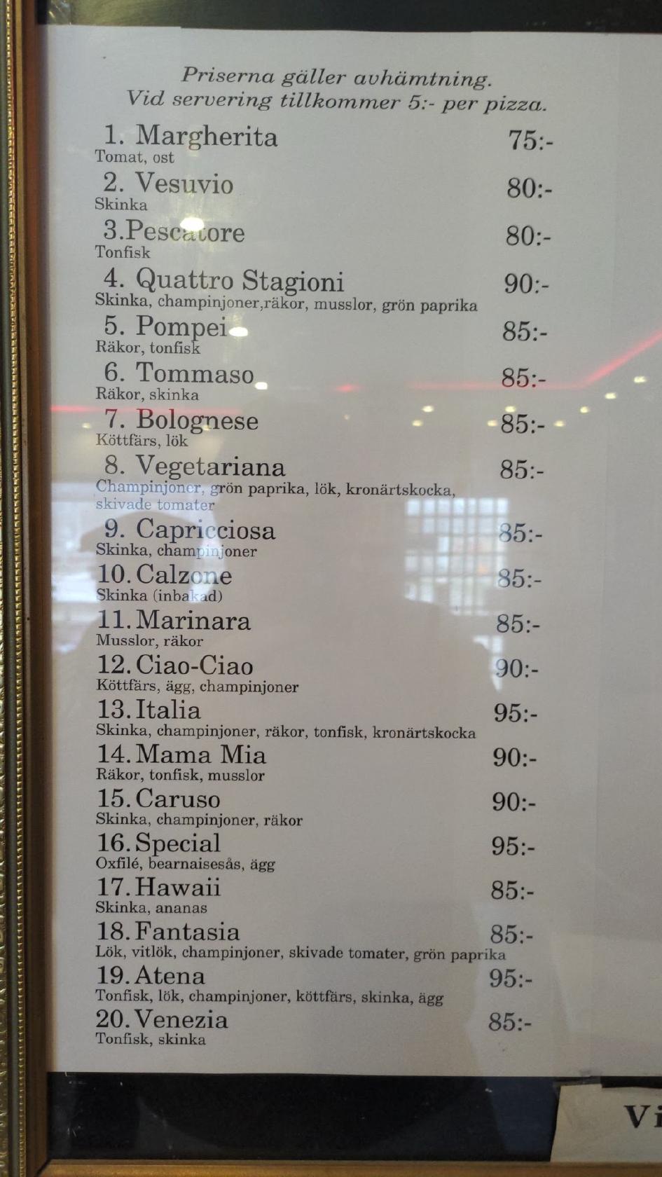 Menu at Pizzeria Alexander, Uddevalla, Lingatan 8