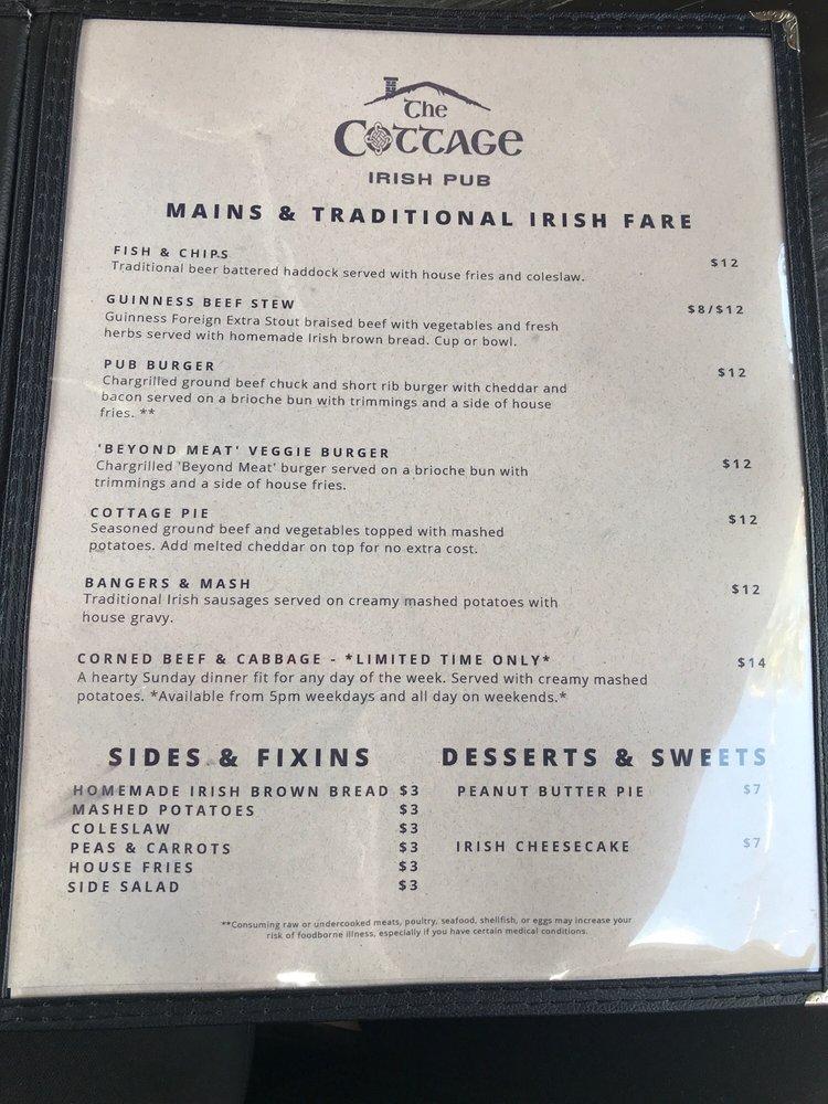 Menu at The Cottage Irish Pub, Melbourne