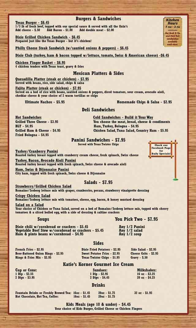 Menu at The Dixie Cafe & Quick Stop, Lexington
