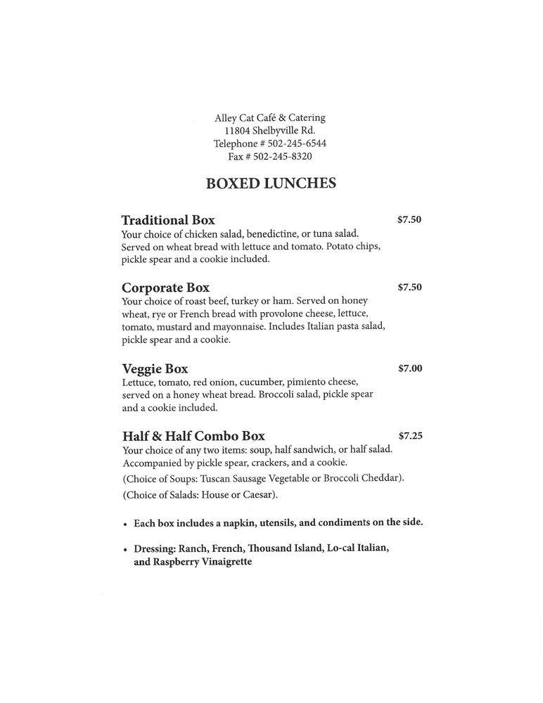 Menu at Alley Cat Cafe & Catering, Louisville