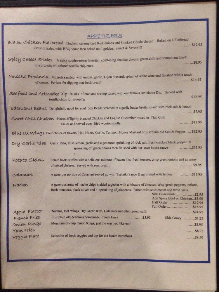 Menu at Blue Ox Pub, Lumby, Vernon St
