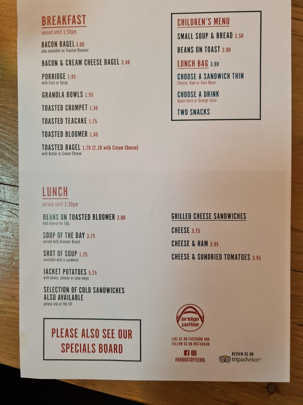 Menu at Bridge Coffee cafe, Bolton