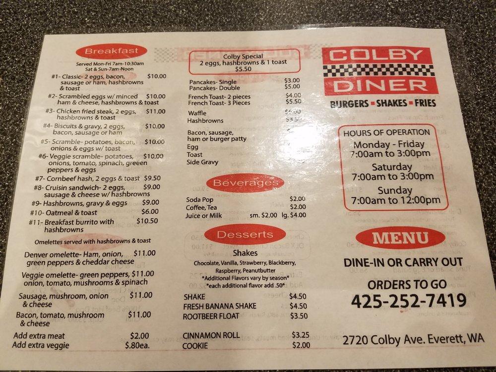 Menu at Colby Diner restaurant, Everett