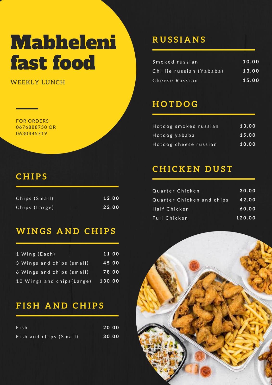 Menu at Emabheleni Fast food, Durban